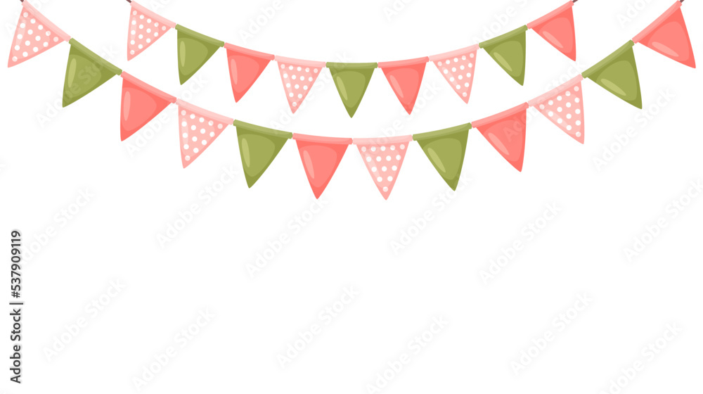 Celebration flag garland bunting. Pink, green, beige pennants chain ...