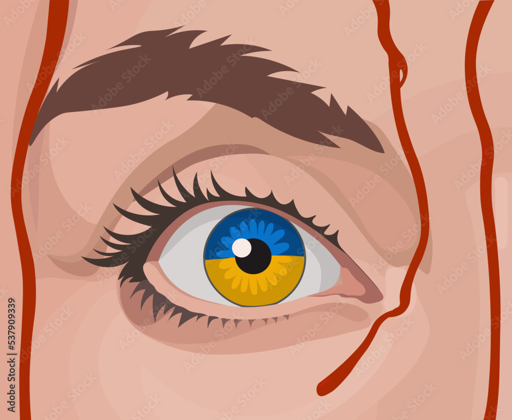 The eye of a Ukrainian girl and bloody smudges. Ukrainian flag ...