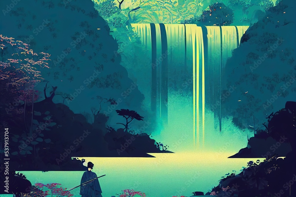 samurai standing in waterfall garden with swords on the ground digital ...