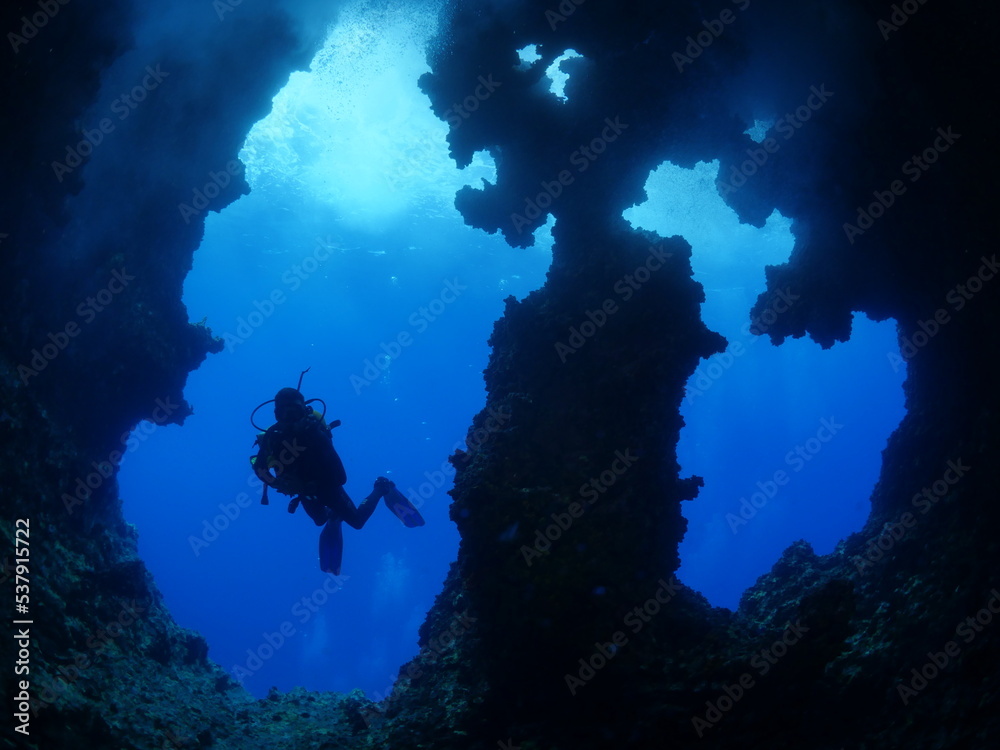 scuba diver cave dive underwater exploring blue caves ocean scenery ...