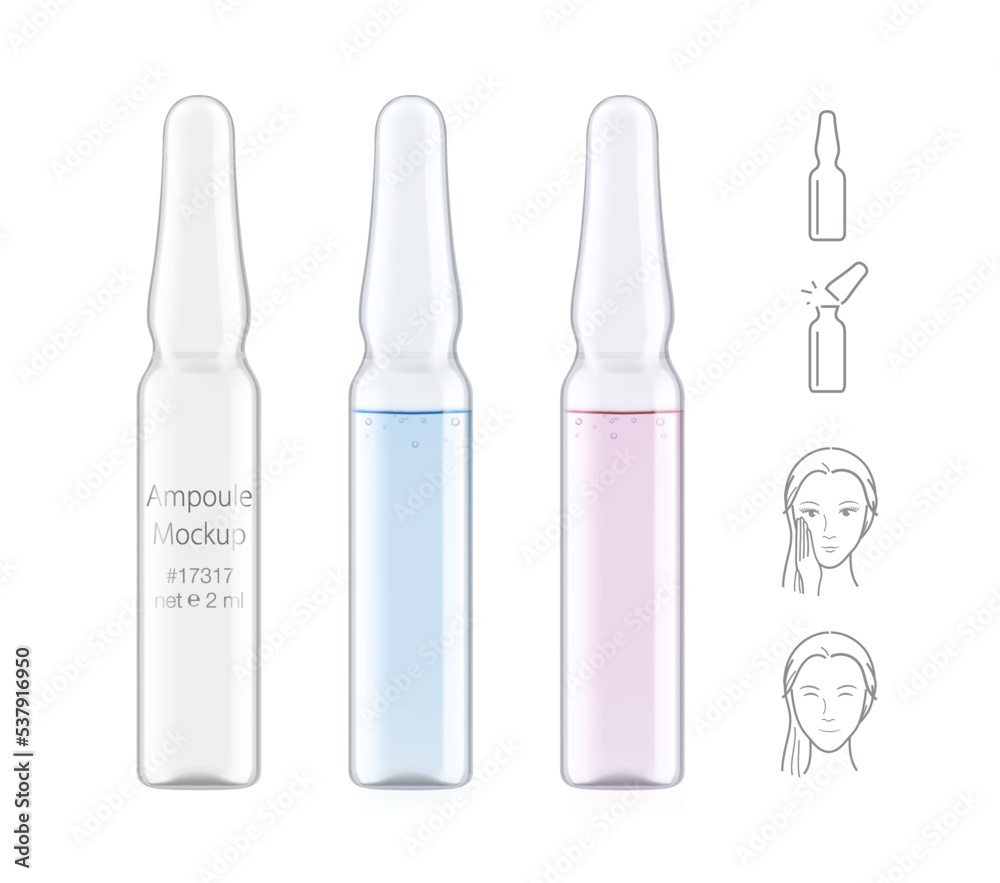 Set of transparent glass ampule mockup. Vector illustration isolated on ...