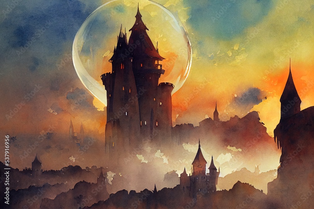 Knight, dragon and castle watercolor illustration. Fabulous mystical ...