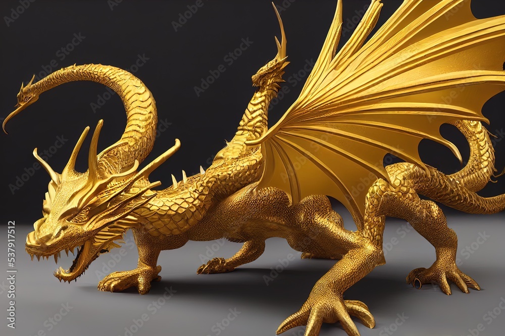 Full body gold dragon in smart pose with 3d rendering include alpha ...