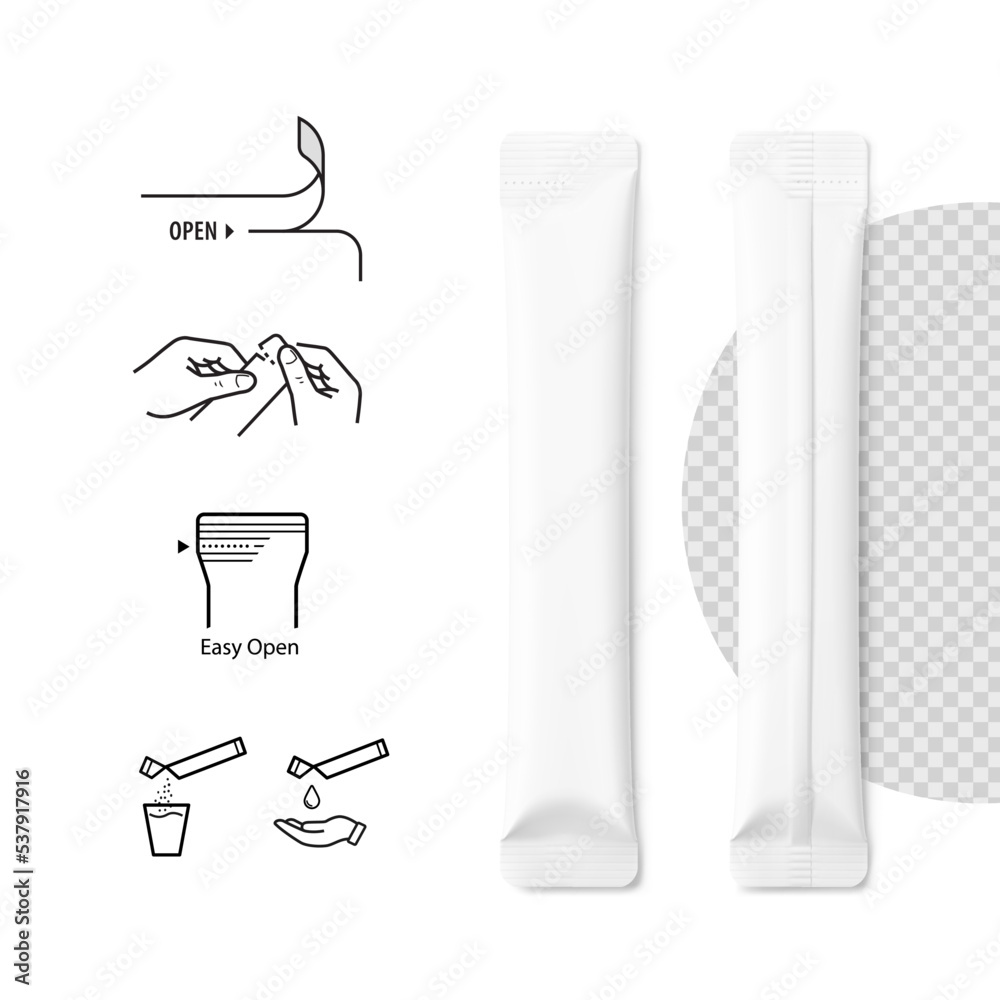 Blank stick pack mockups. Two types of tops. Vector illustration ...