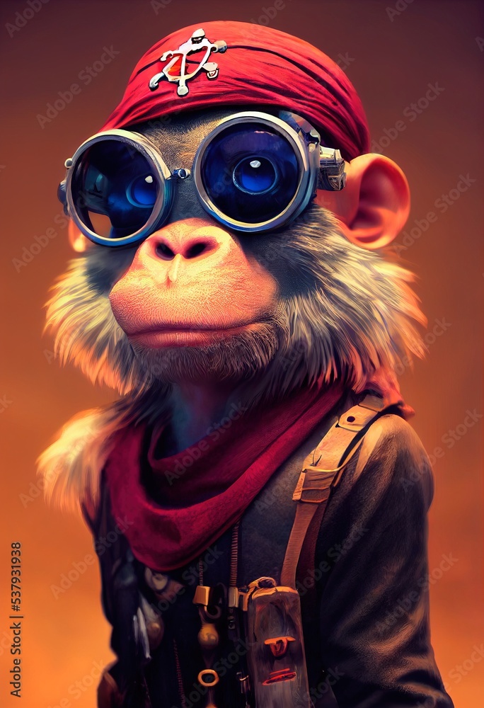 Portrait of a brutal monkey pirate. Medieval pirate monkey in a vintage ...