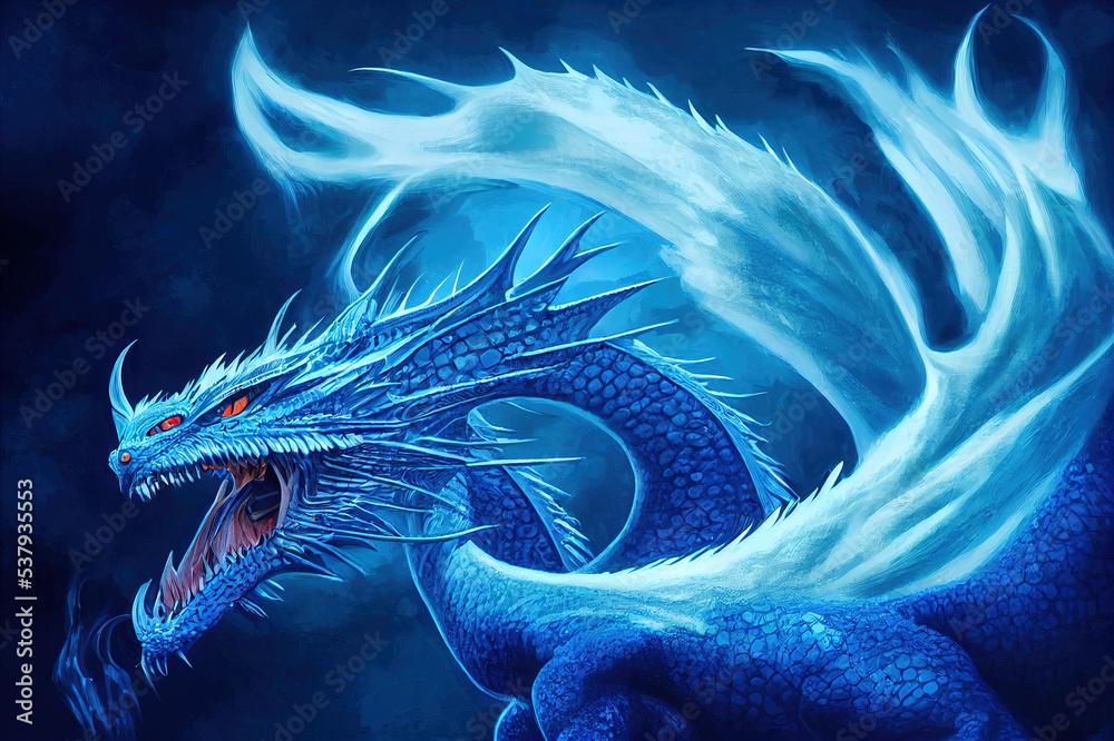Artistic digital paint of a blue angry dragon firing energy as a unique ...