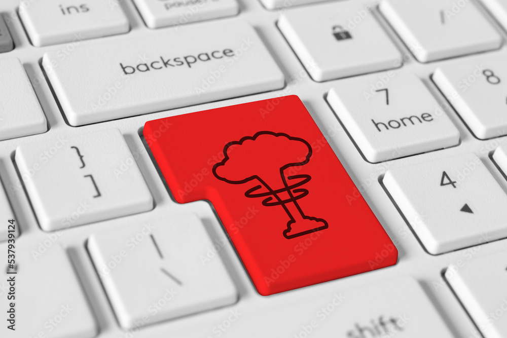 Fotka „Stylized red button with a nuclear explosion icon on a white ...