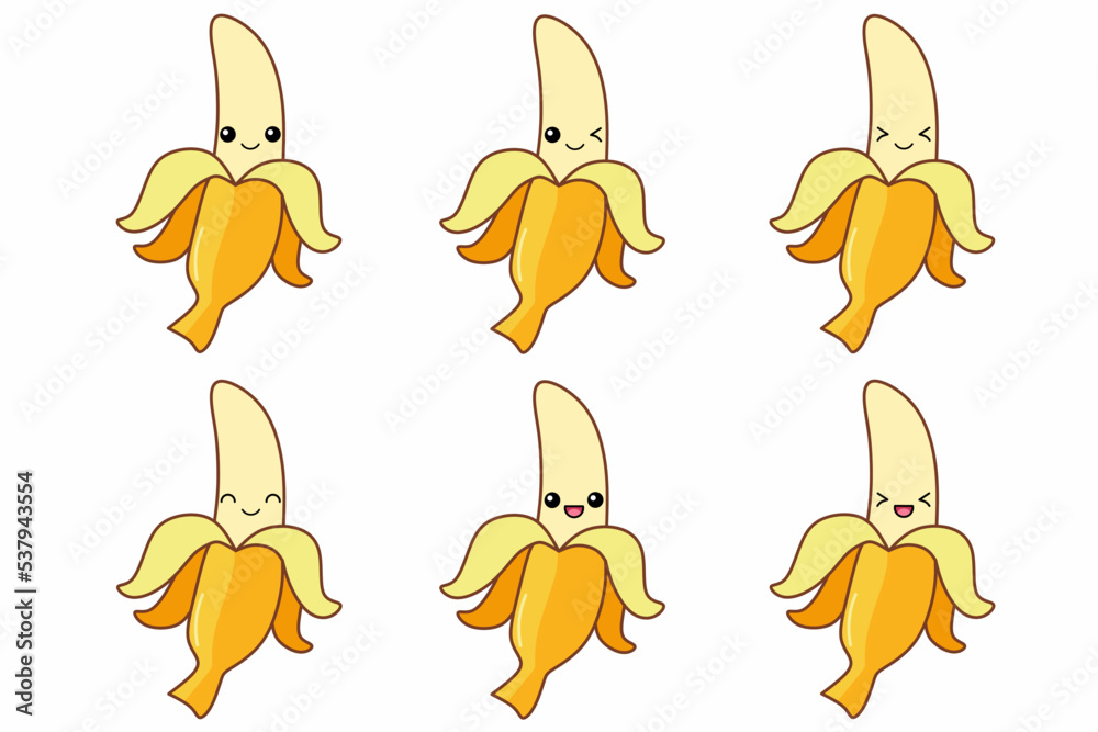 Vector illustration of cute banana cartoon character isolated on white background. Fruit cartoon ...