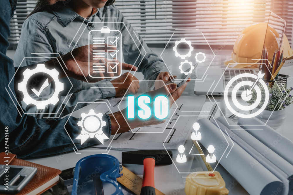 ISO standards quality control concept, Business team discussing data ...