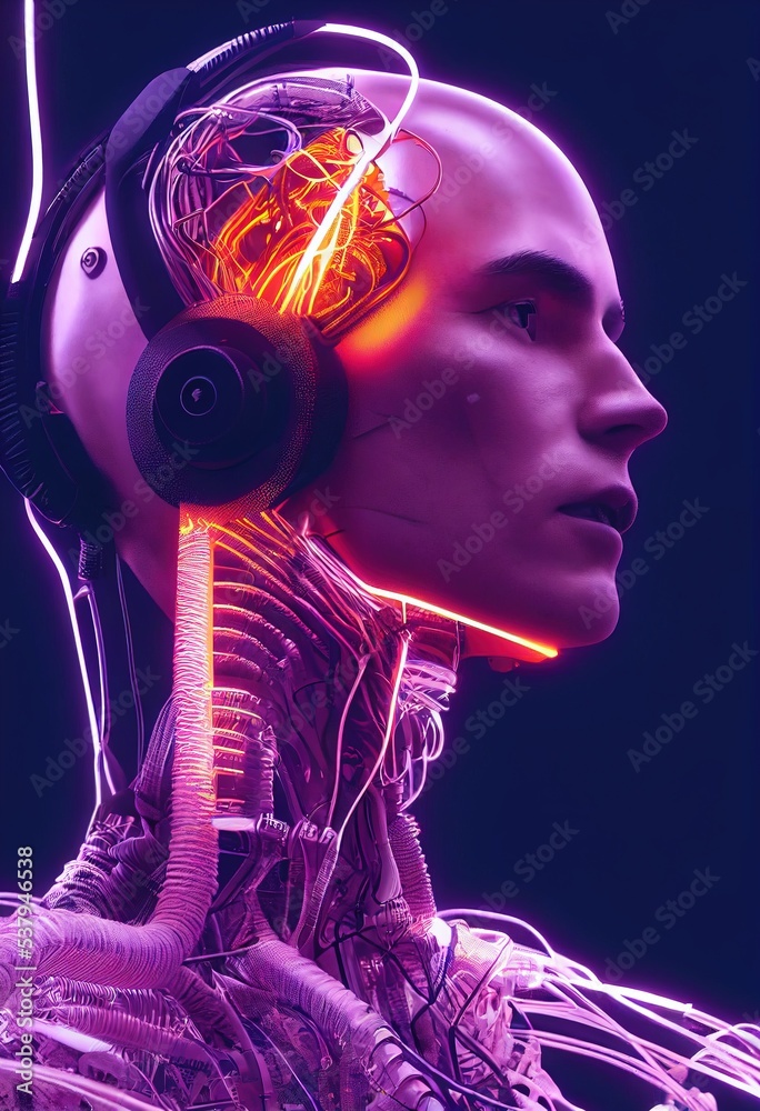 Portrait of a man wearing a cyberpunk headset and cyberpunk neon gear ...