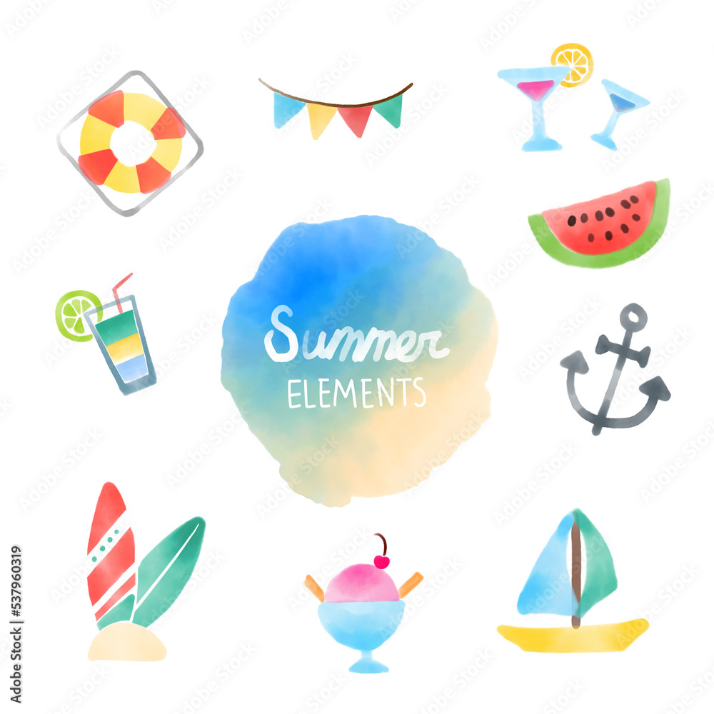 여름바캉스 다양한 수채화 스티커 모음 Stock Illustration Adobe Stock
