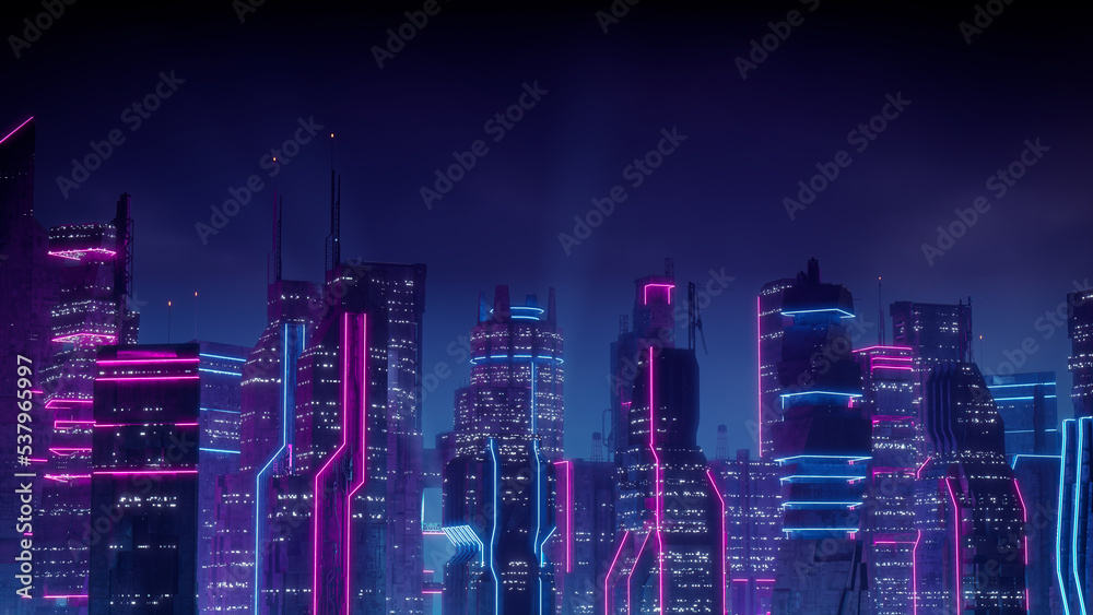 Sci-fi City Skyline with Blue and Pink Neon lights. Night scene with ...