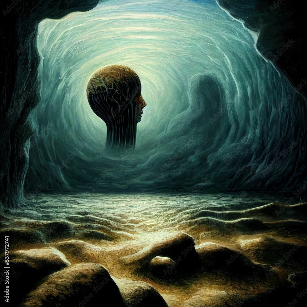 Ai generated illustration of a man with a giant head in the ocean ...