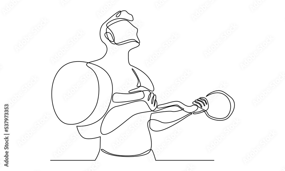 continuous line drawing of young sportive man training lift barbell ...