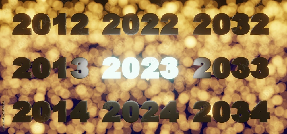 3D letters of the coming year 2023 among past and future decates ...