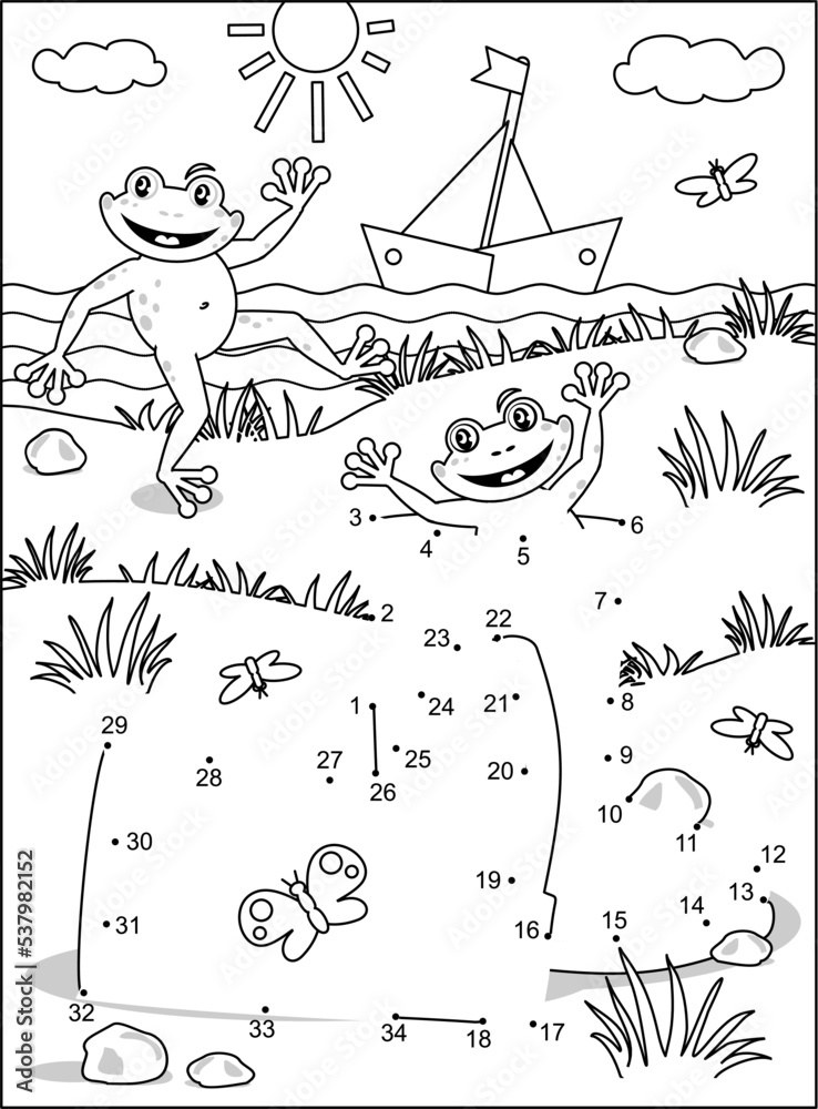 Rubber boots and playful frogs on a shore dot-to-dot picture puzzle and ...