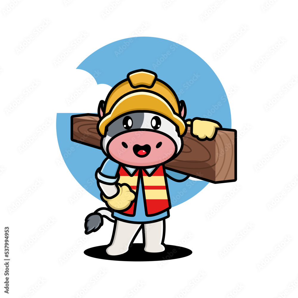 Cute cow construction worker cartoon Stock Vector | Adobe Stock