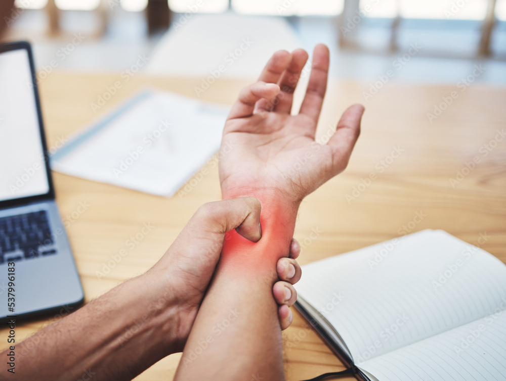 Businessman, wrist pain and injury at desk working, planning and ...