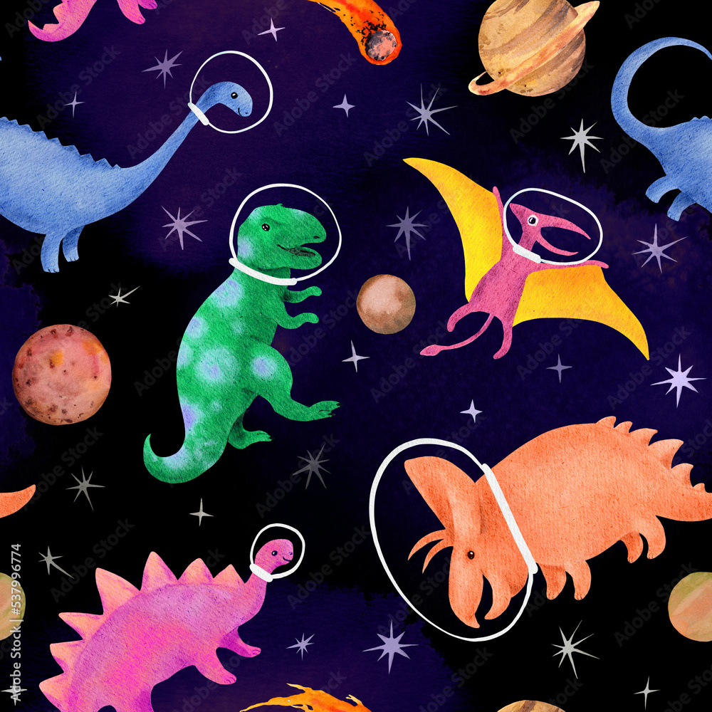 Astronaut dinosaurs in space with planets, stars seamless pattern. Cute ...