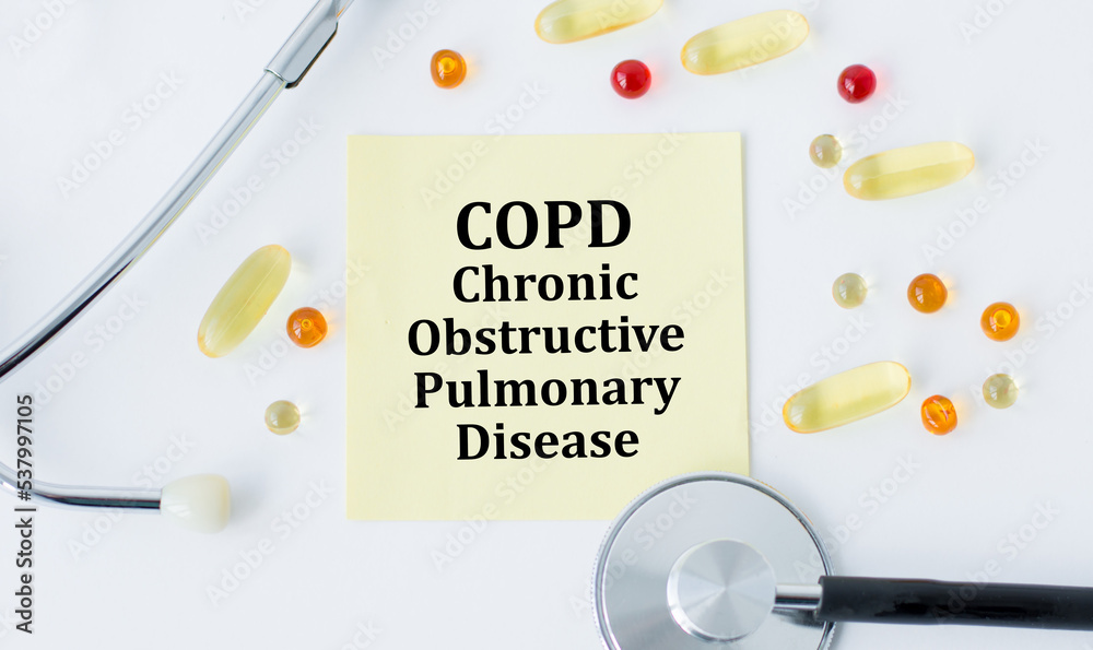 On a purple background a stethoscope with yellow list with text COPD ...