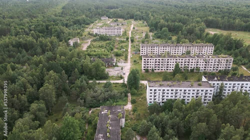 Irbene, Latvia - Aerial drone flyover the soviet city of Irbene a ghost ...
