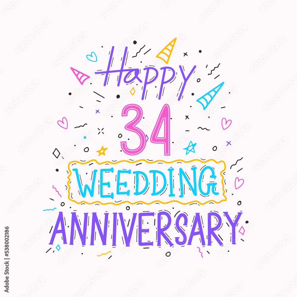 Happy 34th wedding anniversary hand lettering. 34 years anniversary ...