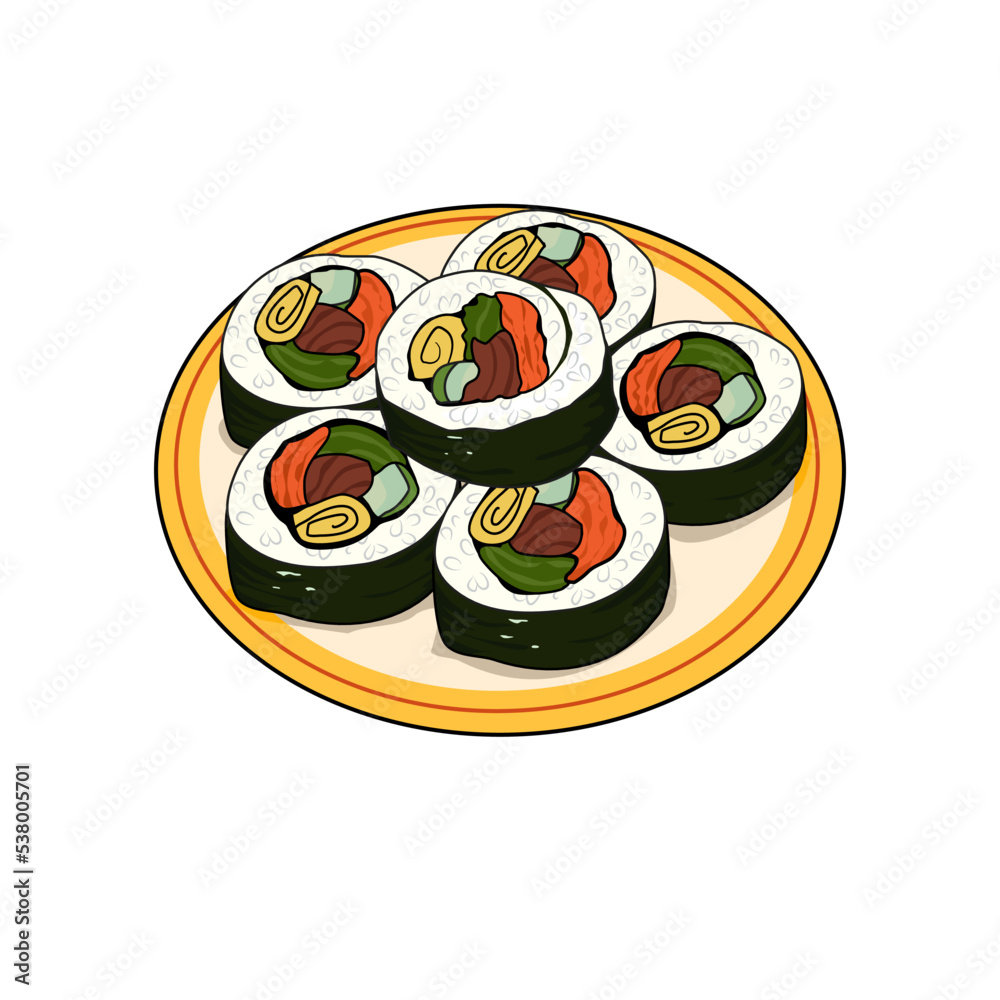 Kimbap or gimbap, isolated plate of kimbap-rice, vegetables, kimchi and ...