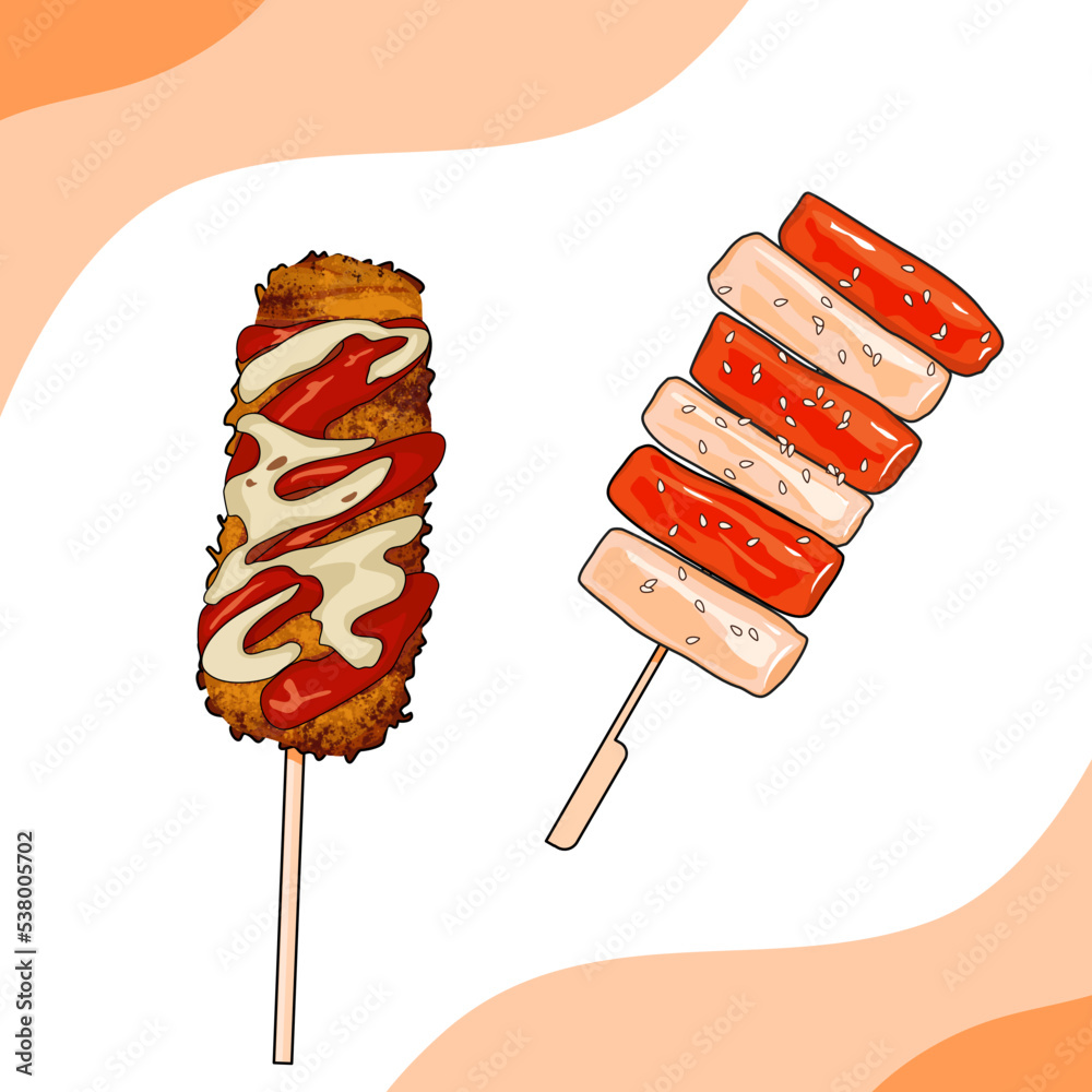 Sotteok and Gamja-Hotdog, Isolated Korean street food menu. Fried hot ...