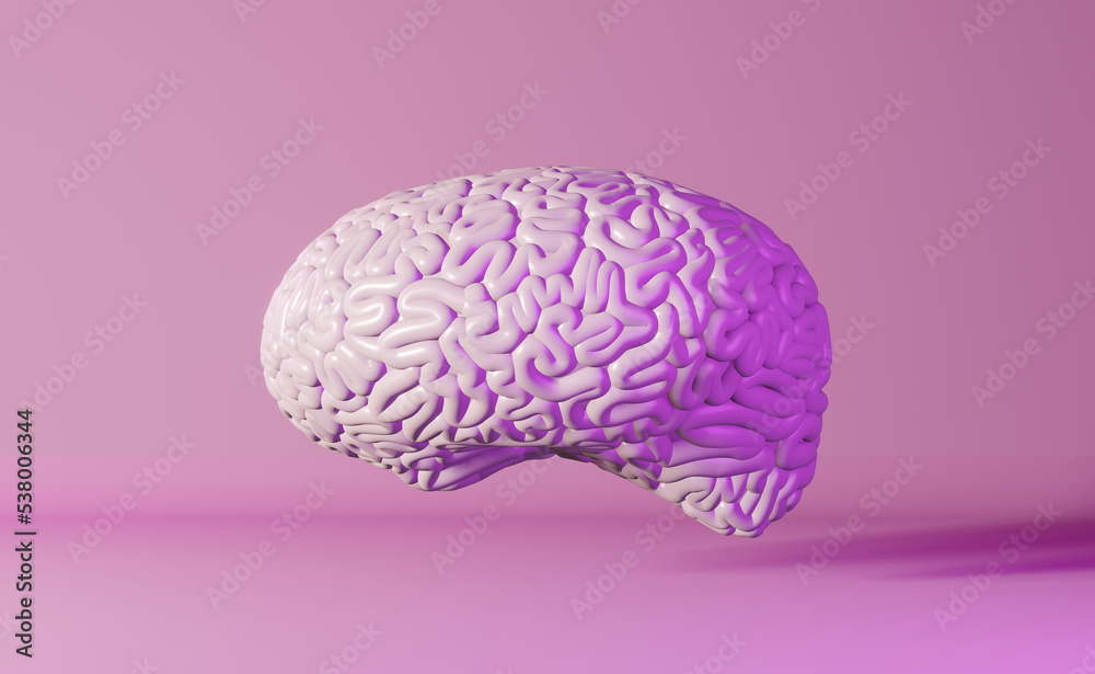 Human brain health neon light pink background 3d rendering. Creative ...