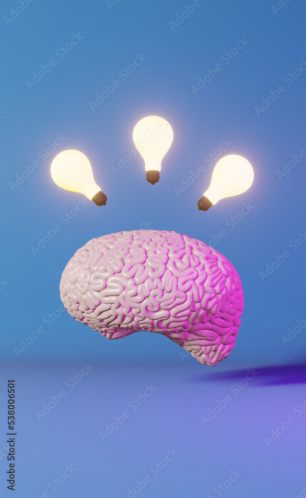 Human brain glowing light bulb neon background 3d rendering.Creative ...
