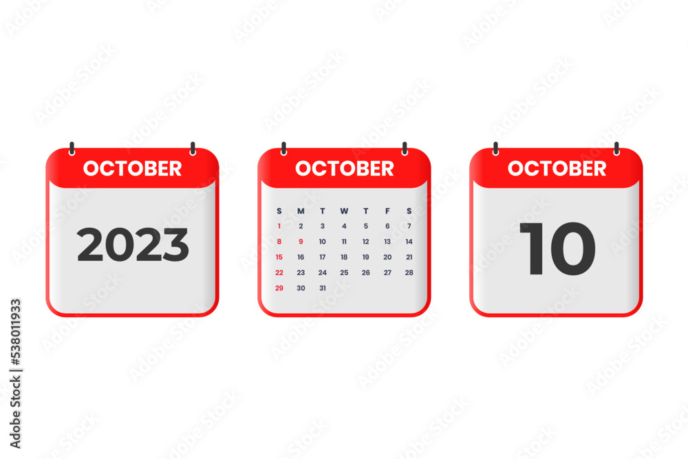October 2023 calendar design. 10th October 2023 calendar icon for ...