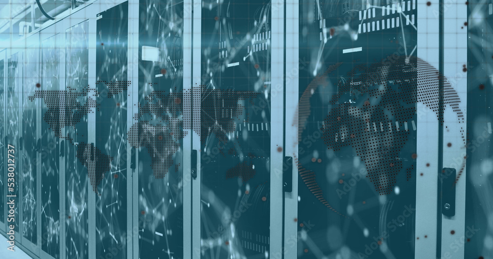 Image of data processing with spinning globe and world map over ...
