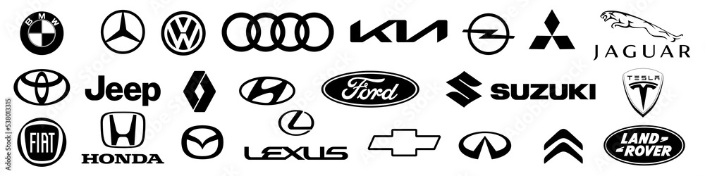 Logo of cars brand. Set logos popular brands cars. BMW, Mercedes-Benz ...