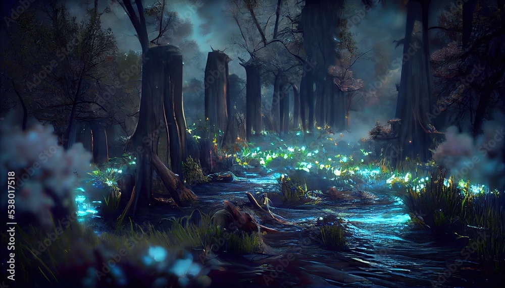 Dark night forest with a magical portal to an alien world with green ...