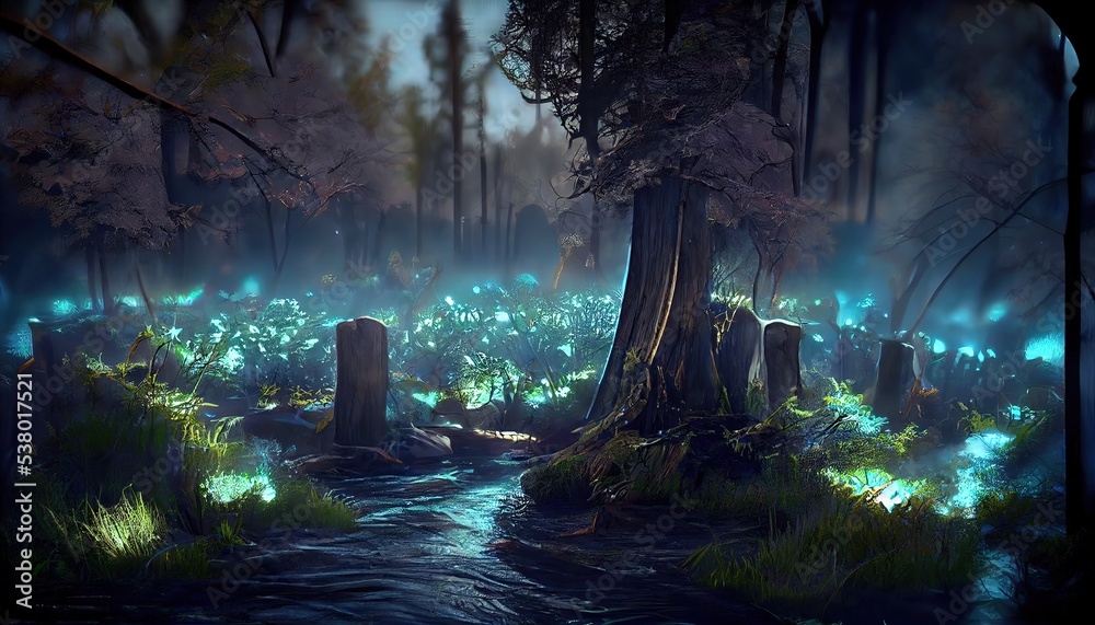 Dark night forest with a magical portal to an alien world with green ...