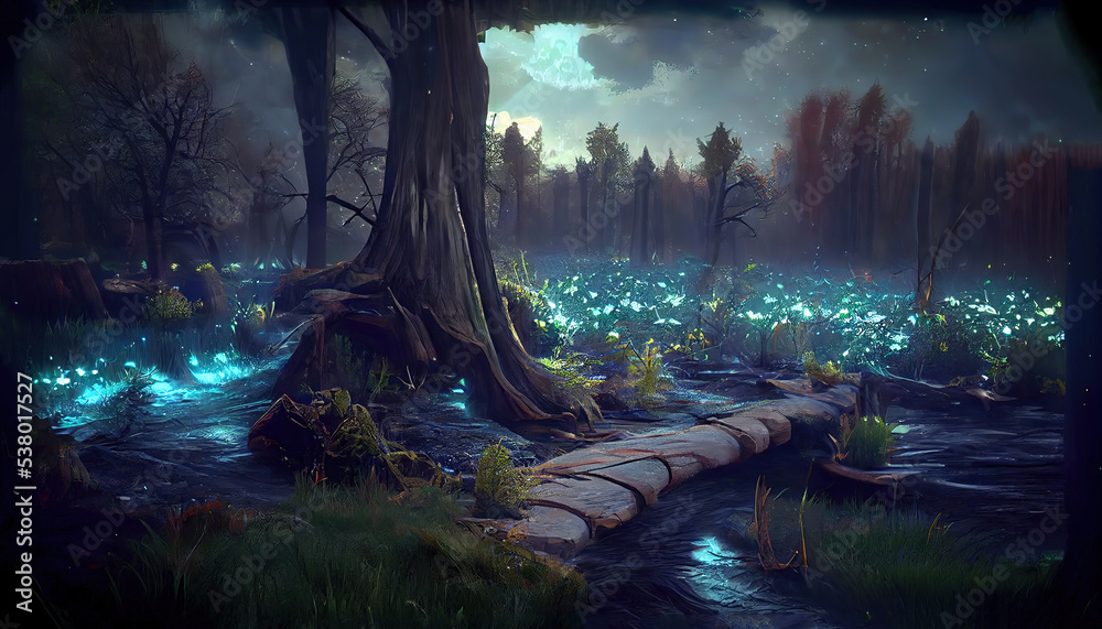Dark night forest with a magical portal to an alien world with green ...