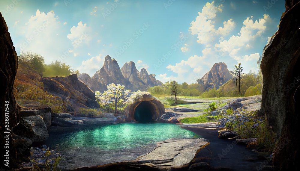 Cave entrance in mountains with landscape view of green grass, river ...