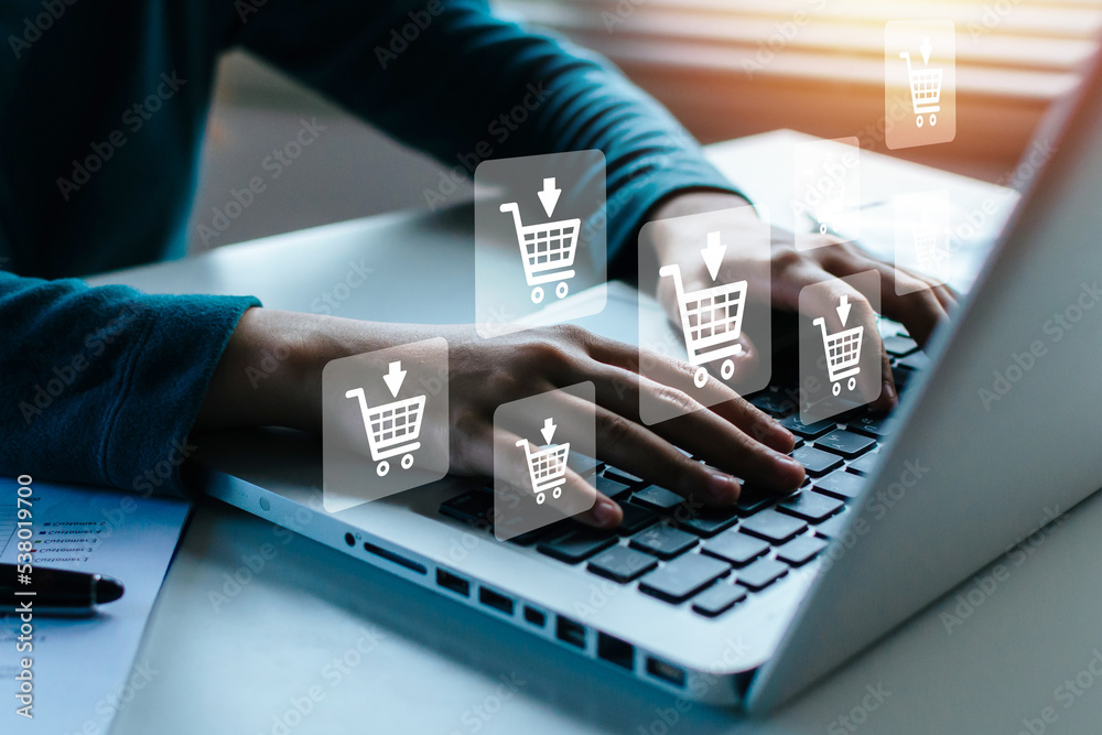 Digital Marketing. woman hand online shopping on laptop computer with ...