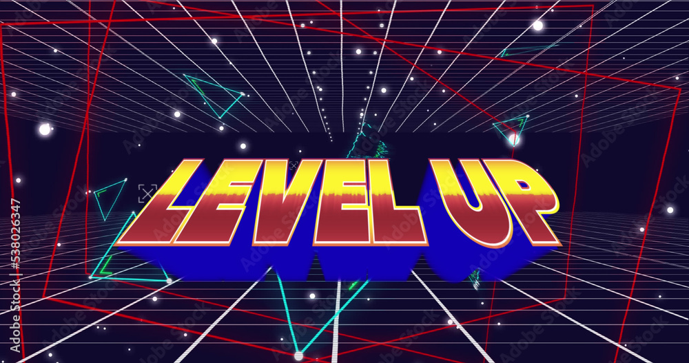 Illustration of level up text with geometric shapes and grid pattern ...