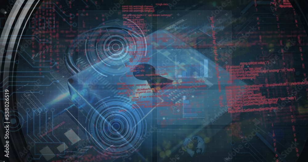 Illustration Of Radars Programming Language And Lens Flare Over Padlock In Background Stock
