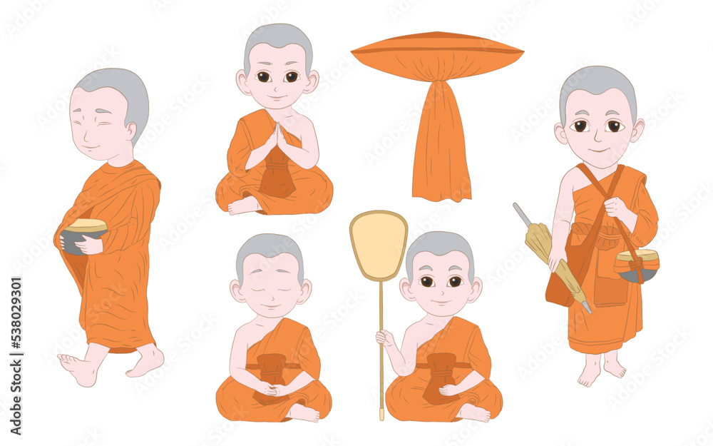 Hand drawn cartoon set character of buddhist monks cute style various ...
