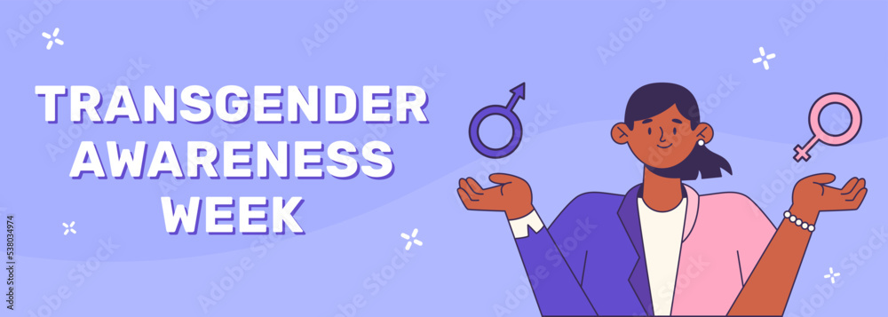 Transgender awareness week banner. Gender transition. Person half woman ...
