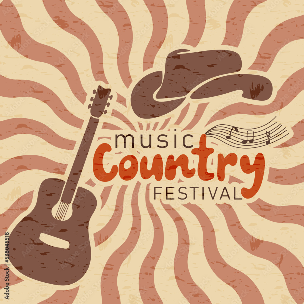 Country music festival poster with cowboy hat and guitar on swirl ...