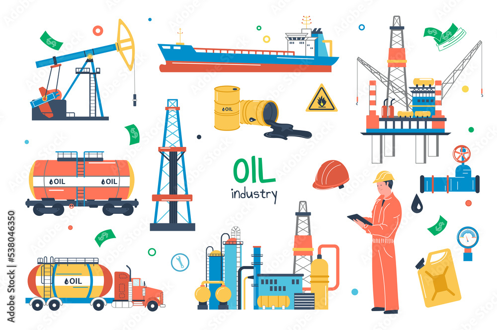 Oil industry concept isolated elements set. Bundle of oil mining and ...