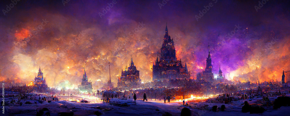 Anarchy victorian city on fire with dramatic clouds, with concept art ...