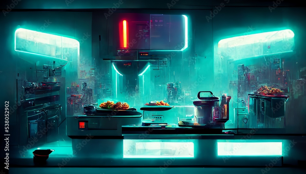 Neon glowing Cyberpunk futuristic kitchen design illustration Stock ...