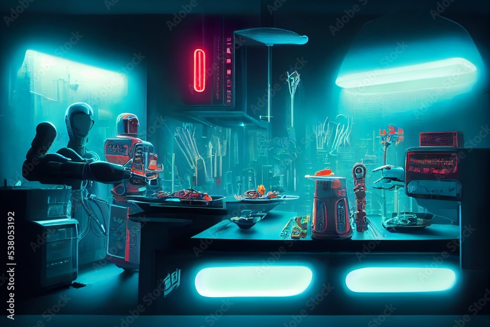 Blue neon Cyberpunk futuristic kitchen design illustration Stock ...
