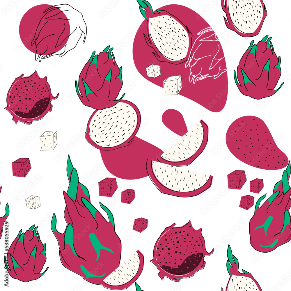Seamless pattern with dragon fruit. Bright cartoon style drawings ...