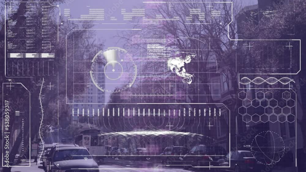 Animation of digital screen with dna, diverse data and graphs ...
