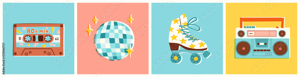 Set of retro items including boombox, roller skates, disco ball and ...